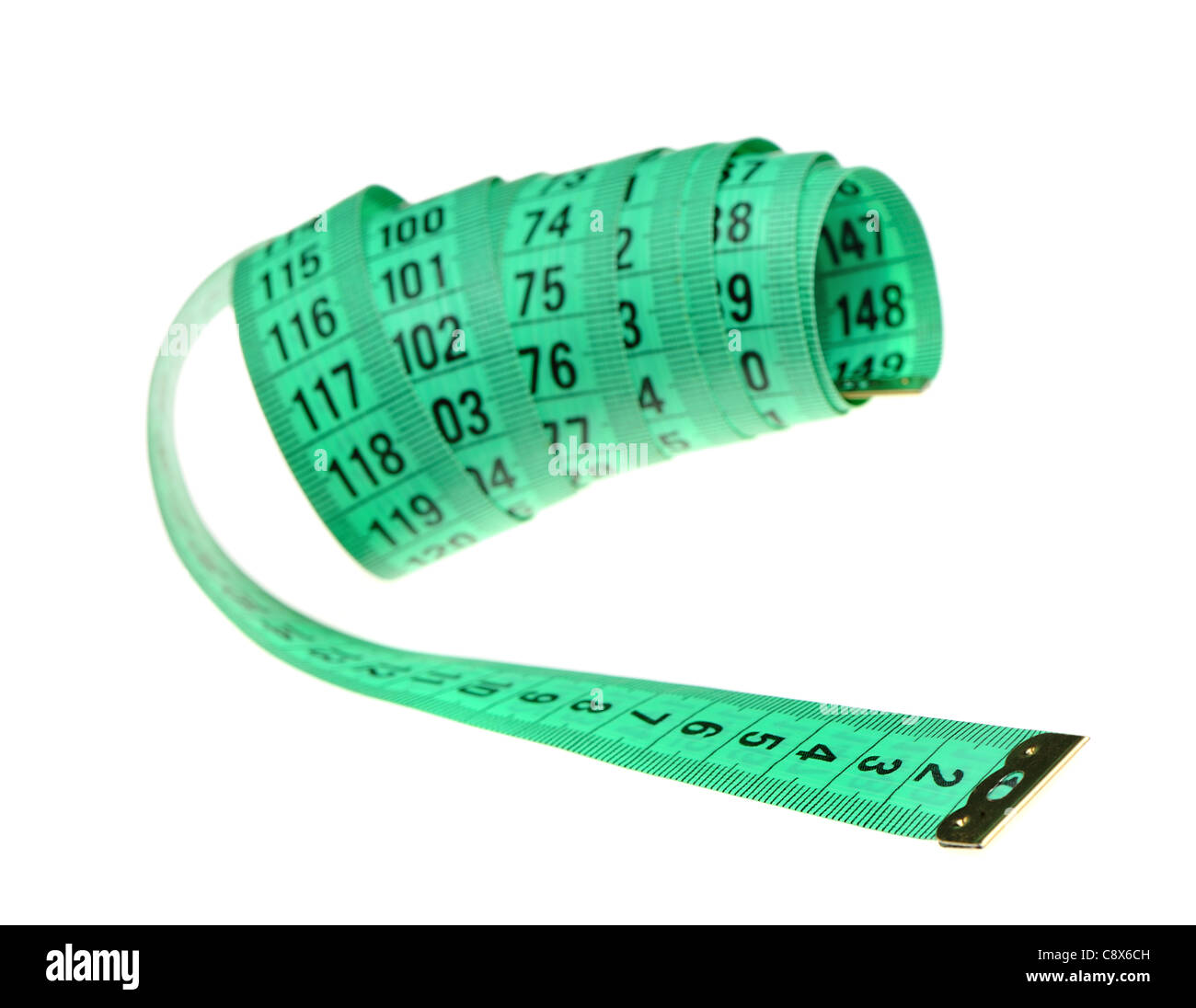 Measuring tape of the tailor green color. It is isolated on a white ...