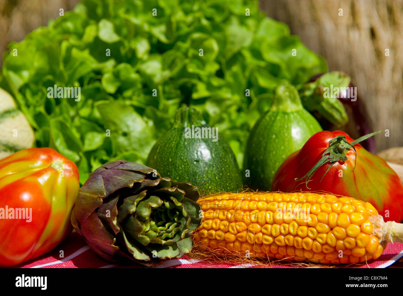 Still life with various vegetables outdoor in the sun Stock Photo - Alamy