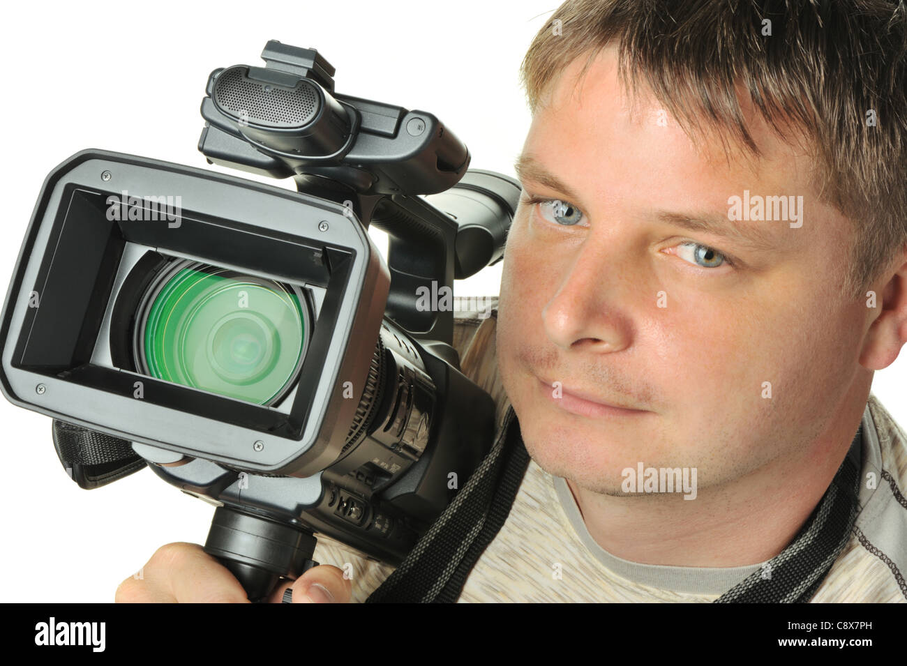 The man with a videocamera. It is isolated on a white background Stock ...