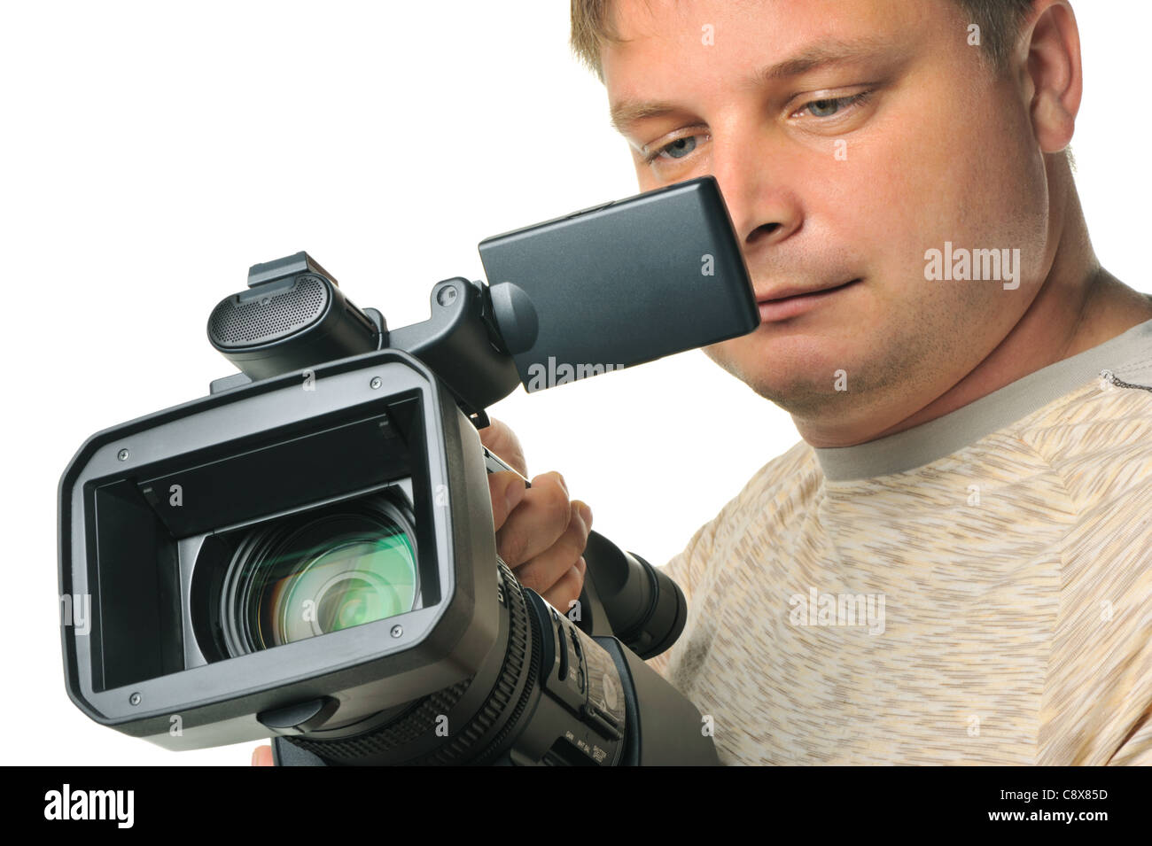 The man with a videocamera. It is isolated on a white background Stock ...
