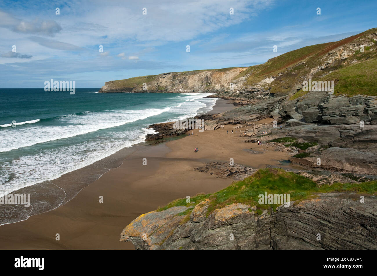 A cliff top view of a Cornish beach in summer Stock Photo - Alamy
