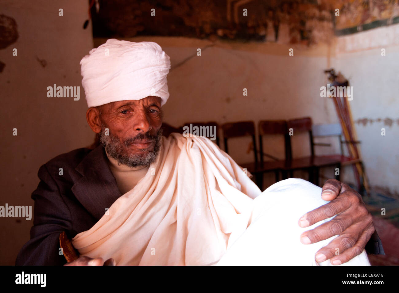 Portrait of the guardian at the rock-hewn church of Abraha Atsbeha in ...