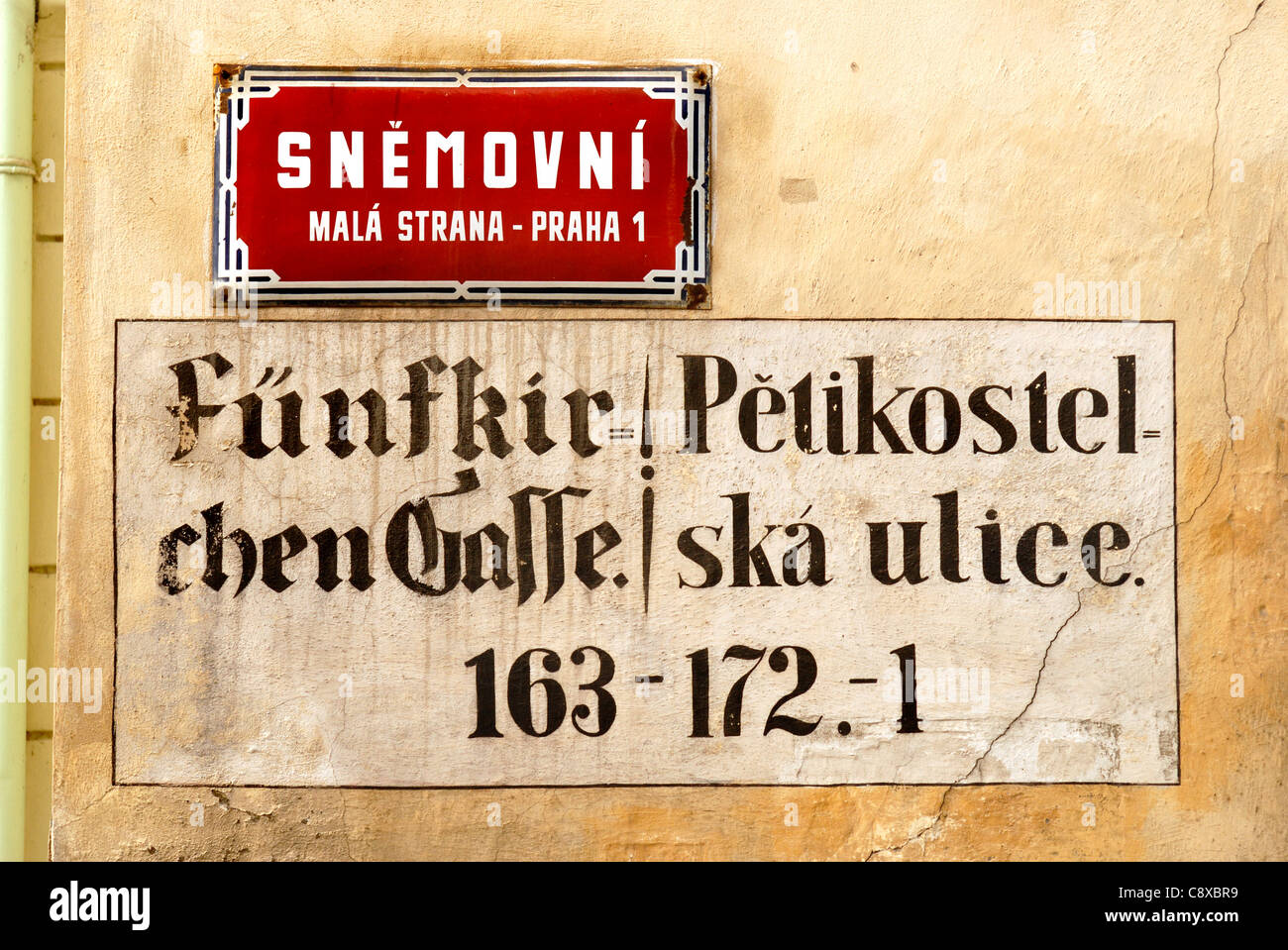 Prague, Czech Republic. New street sign and old German / Czech painted ...