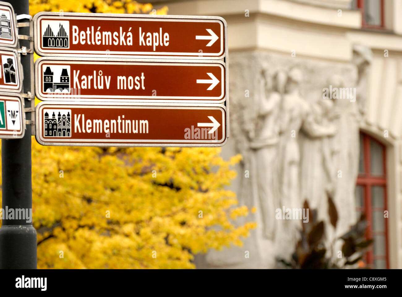 Prague, Czech Republic. Signpost showing tourist sites: Bethlehem ...