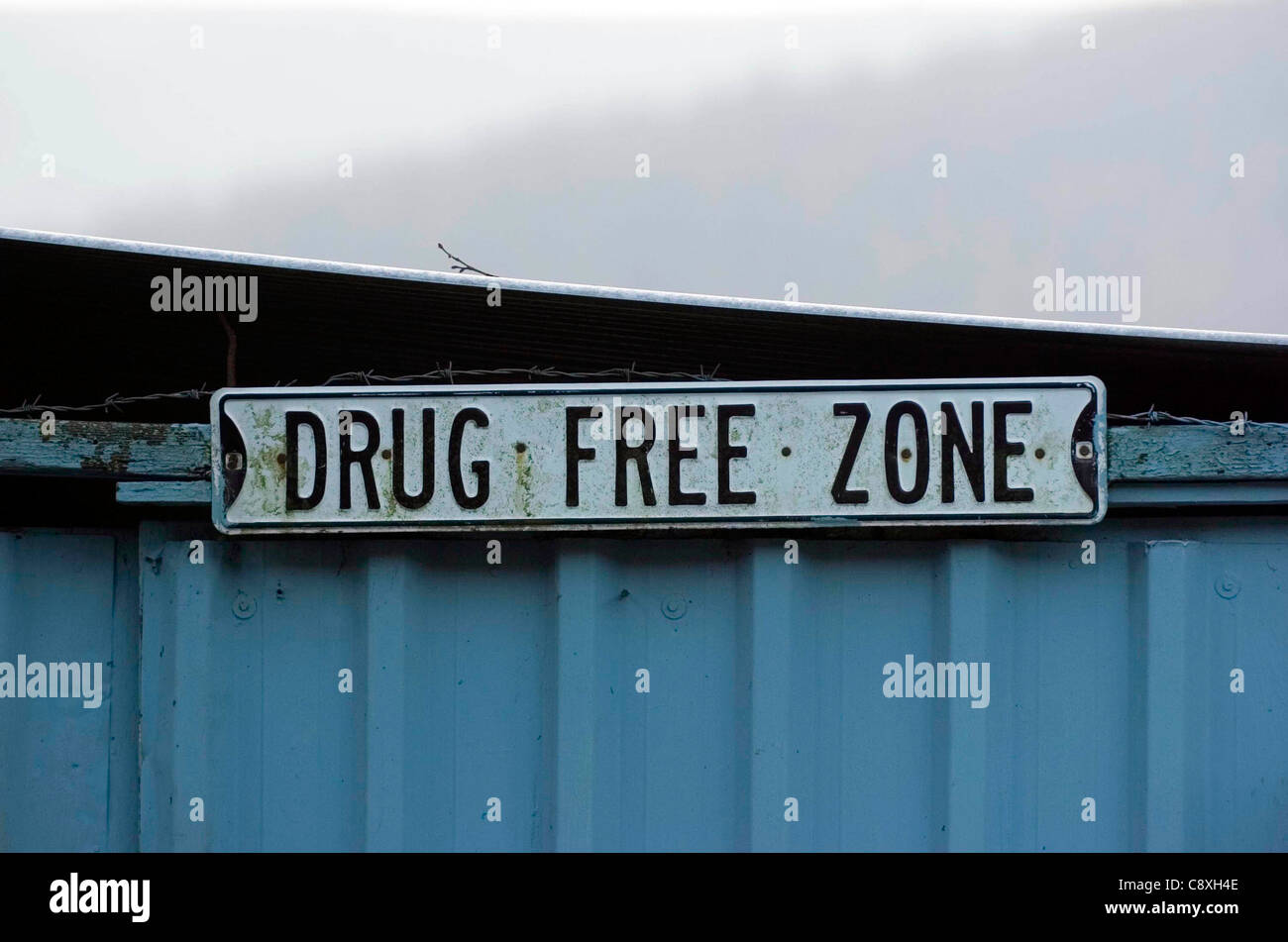 Drug Free Zone sign on side of shed in the Rhondda Valleys Stock Photo ...