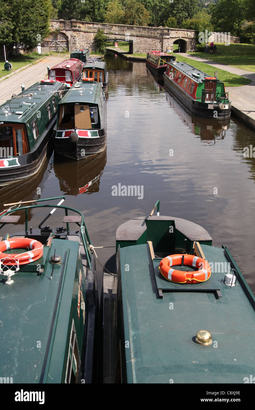 Village of Trevor, Wales. Picturesque view of a canal boat berthed in ...