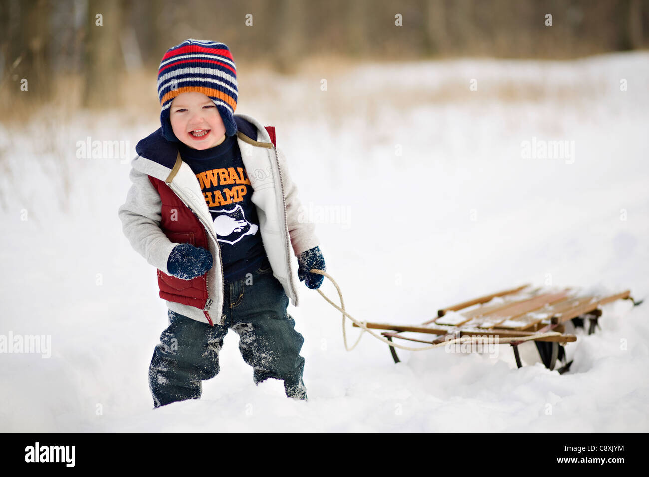 USA, Illinois, Washington, Boy (2-3) pulling sledge on snow Stock Photo ...