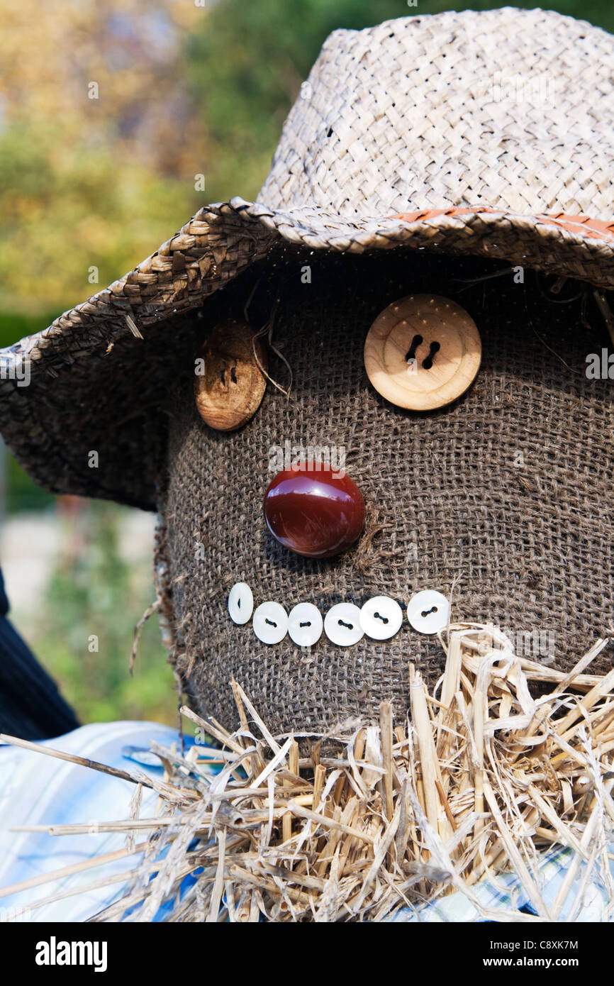 Close up shot of a straw stuffed scarecrow's face Stock Photo - Alamy