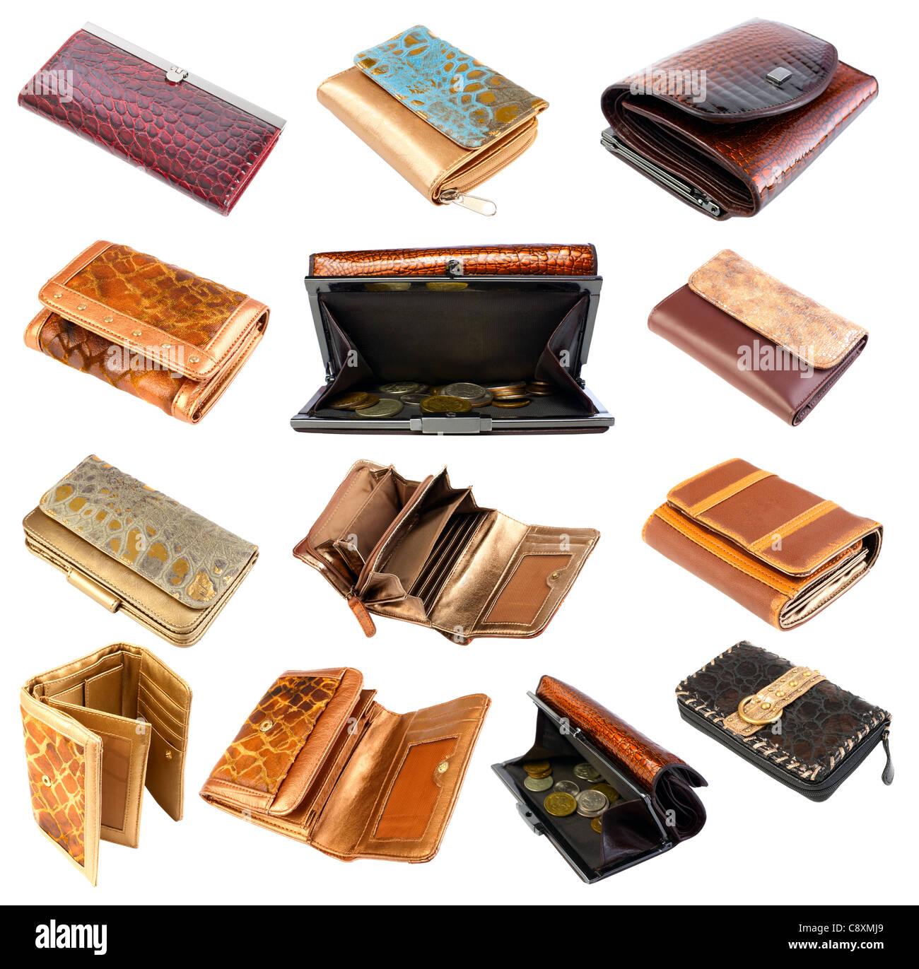 Different opened and closed wallets isolated over white background. 2 ...