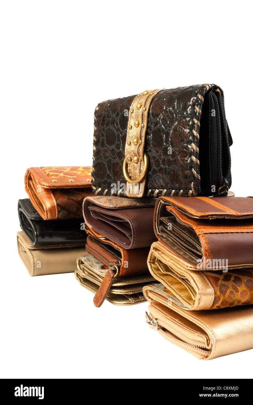 10 leather purses in stack. Isolated on white background Stock Photo ...
