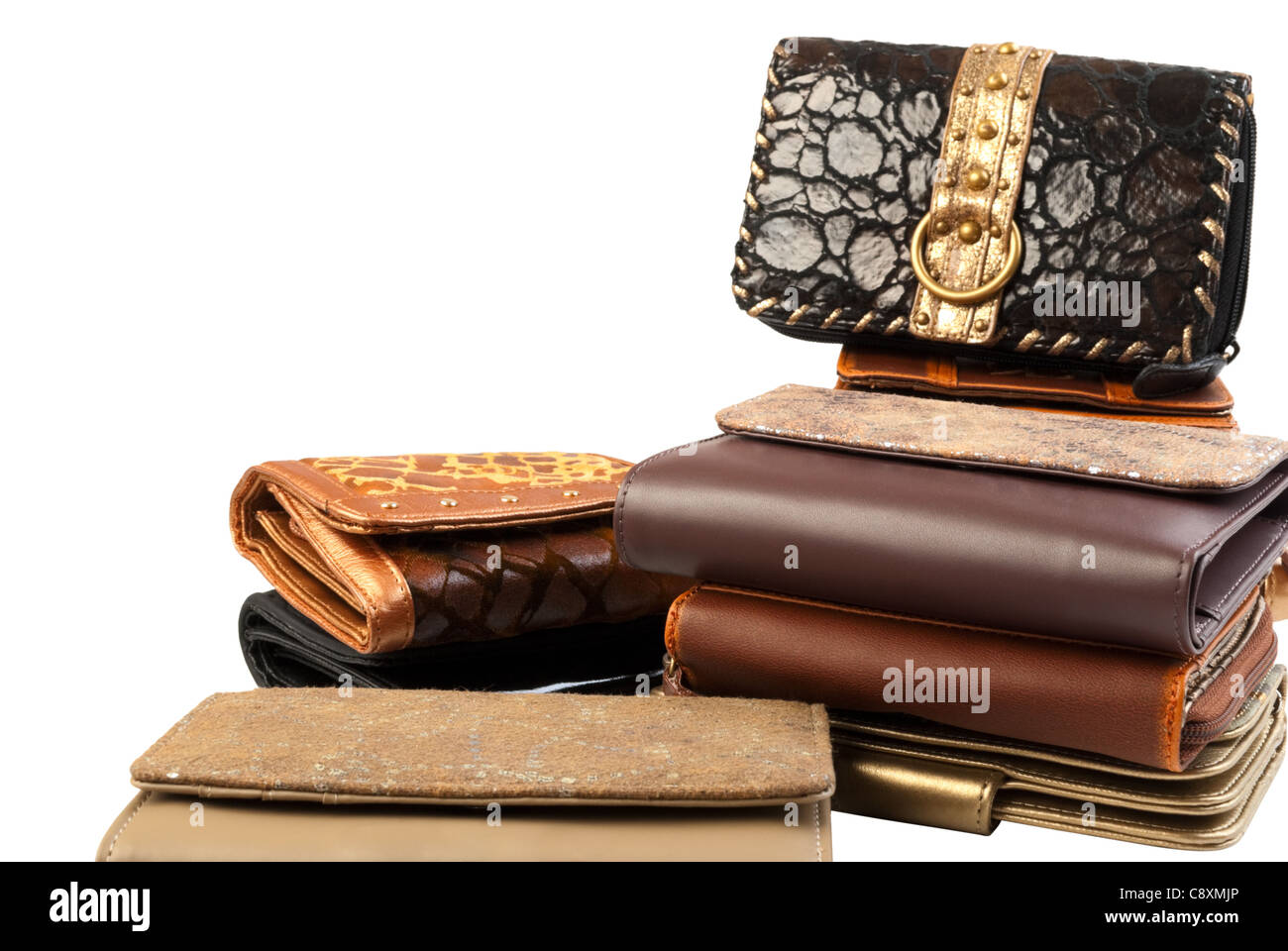 10 leather purses in stack. Isolated on white background Stock Photo ...