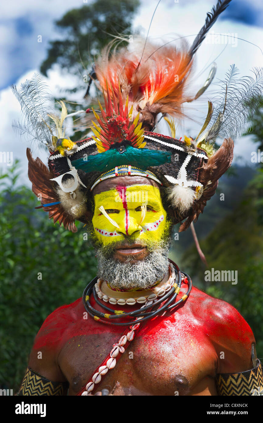 Huli Wigman adorned in Bird of Paradise head dress Tari Highlands Papua ...