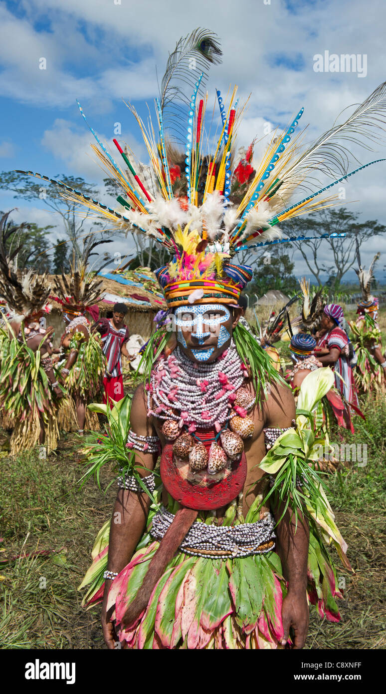 Tribal performers at Mt Hagen show in Papua New Guinea wearing bird of ...