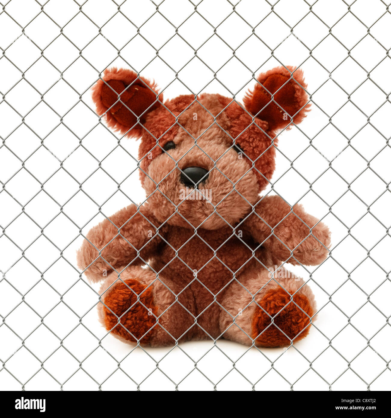 Cute little teddy bear behind the wire fence over a white background ...