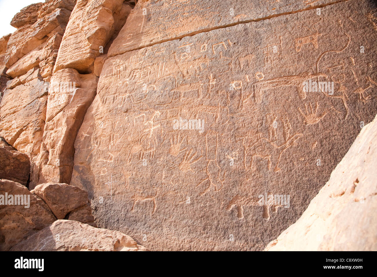 Ancient petroglyphs on a rock known as Graffiti Rock at Musayqirah ...