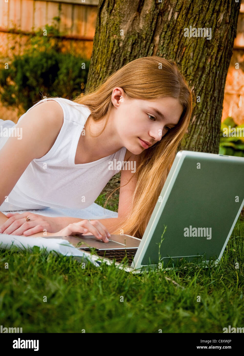 Laptop User Girl Outdoors Stock Photo - Alamy