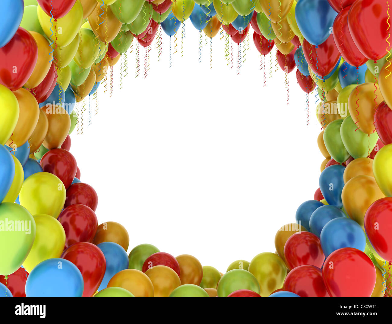 Large group of colorful balloons isolated on white. Tunnel shape center ...