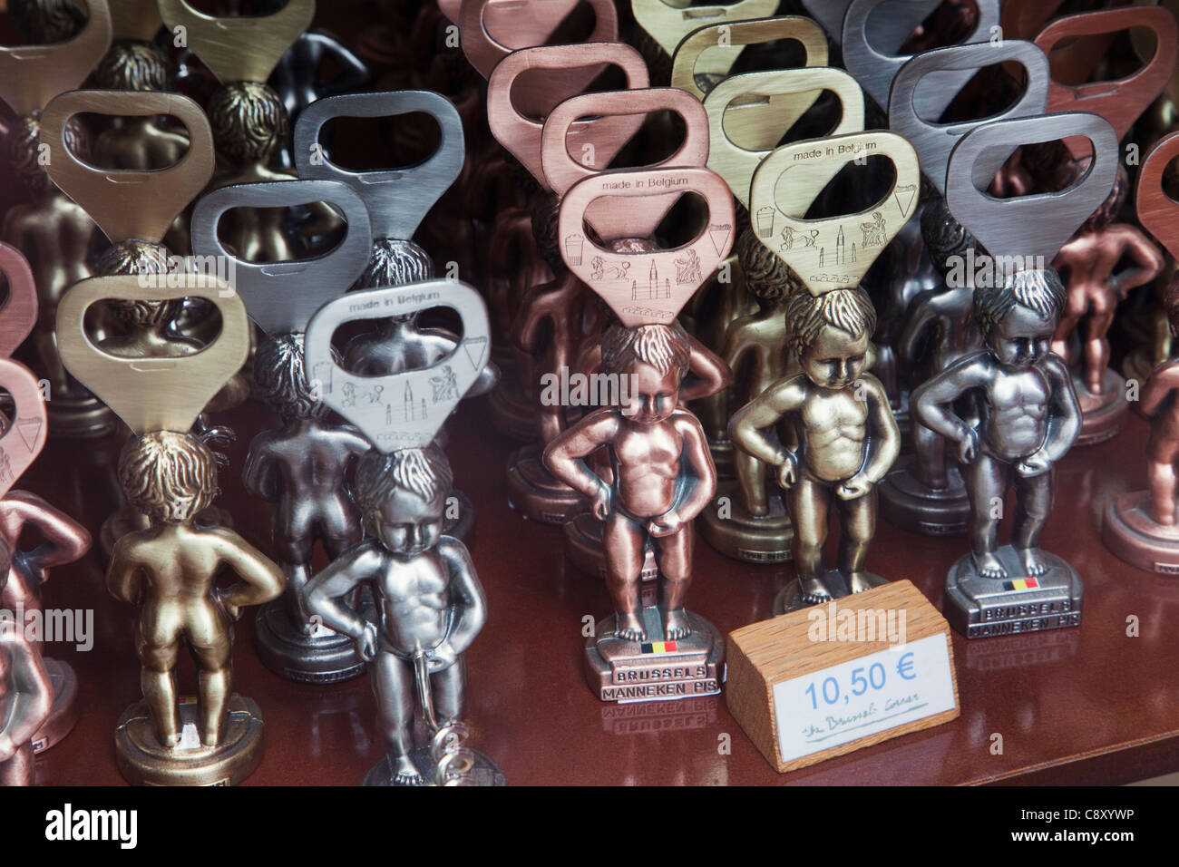 Belgium, Brussels, Window Display of Mannekin Pis Souvenir Corkscrews ...