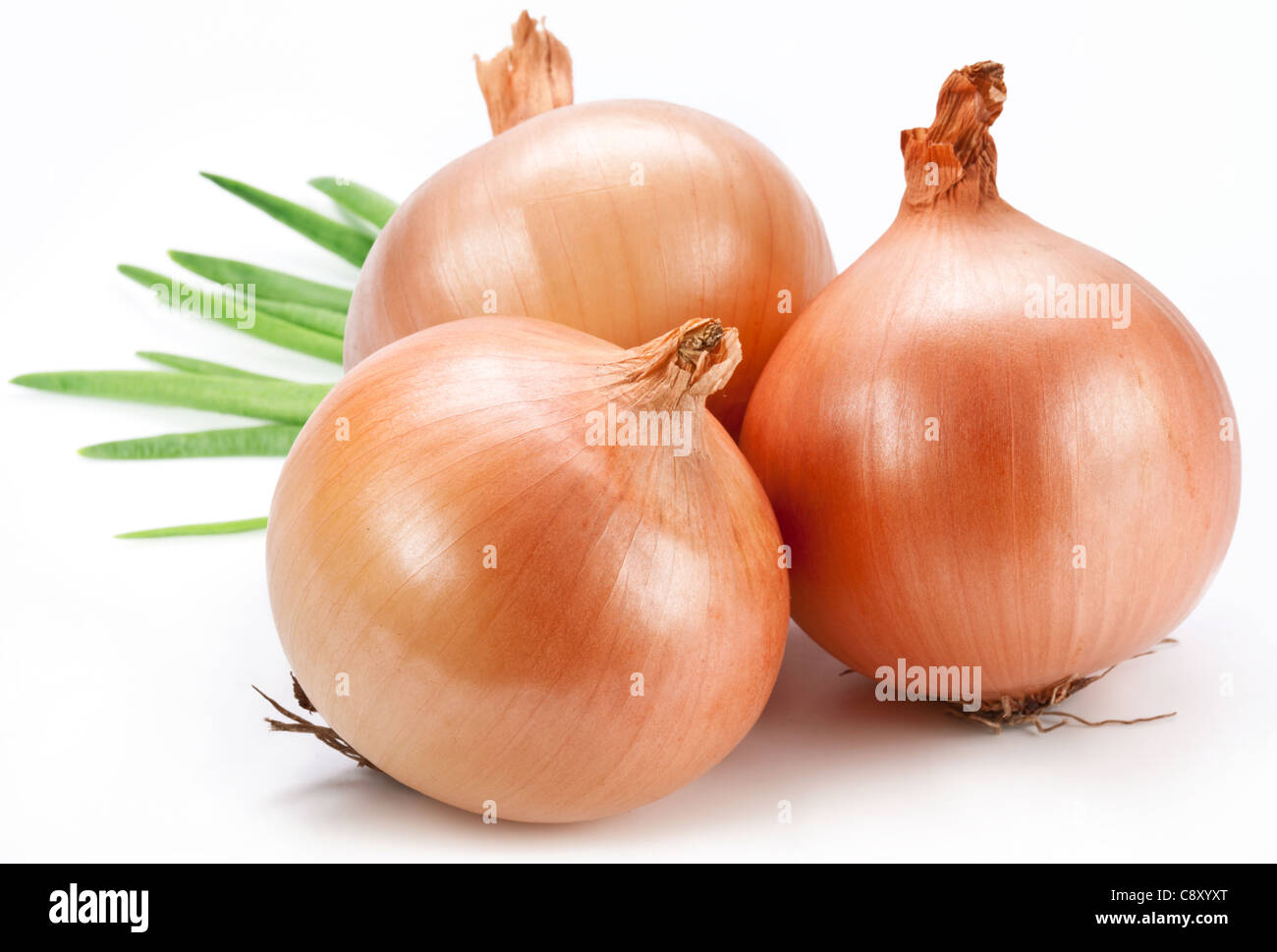Three onions on a white background Stock Photo - Alamy