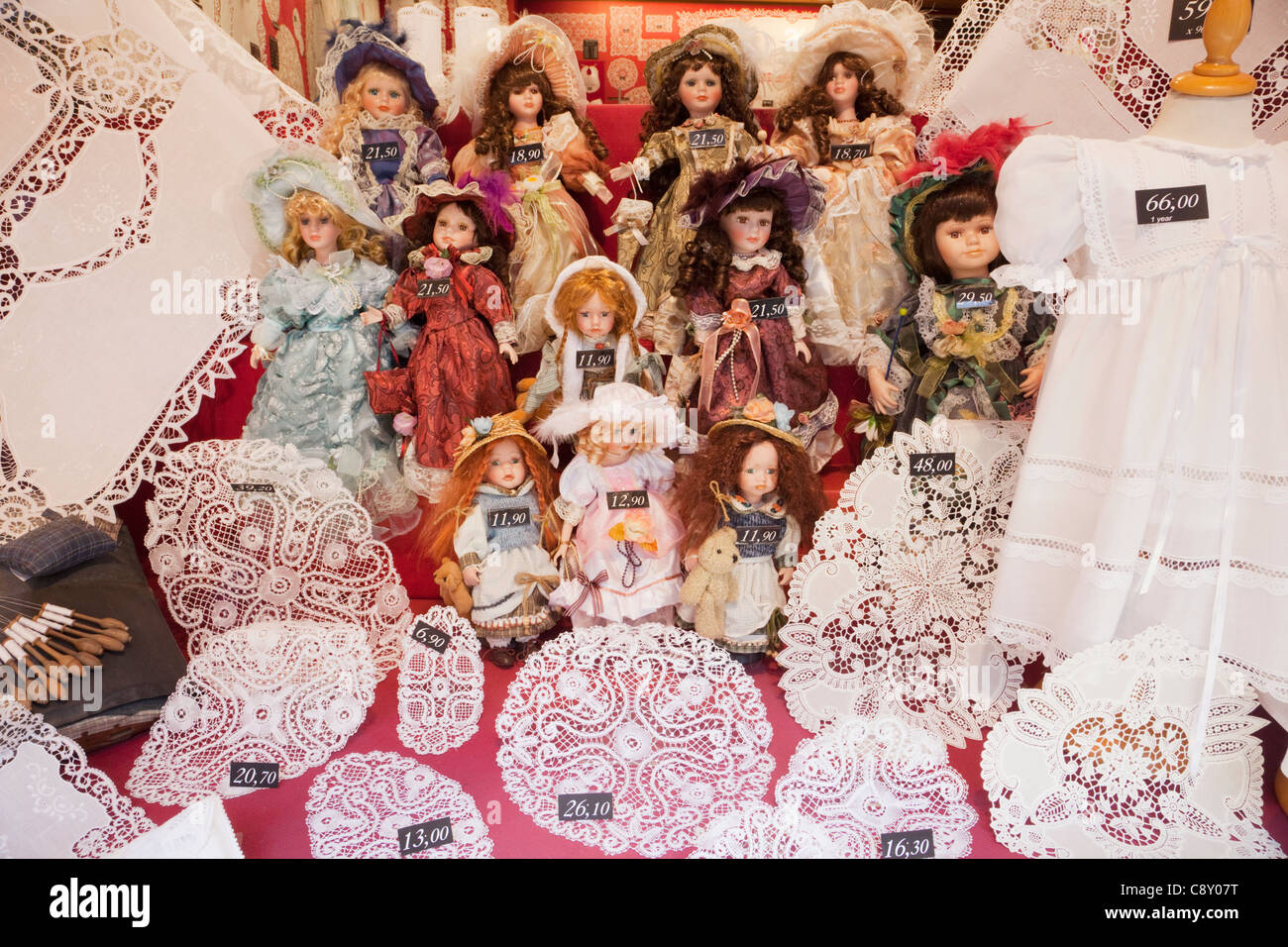 Belgium, Brugge, Lace Shop Window Display Stock Photo - Alamy