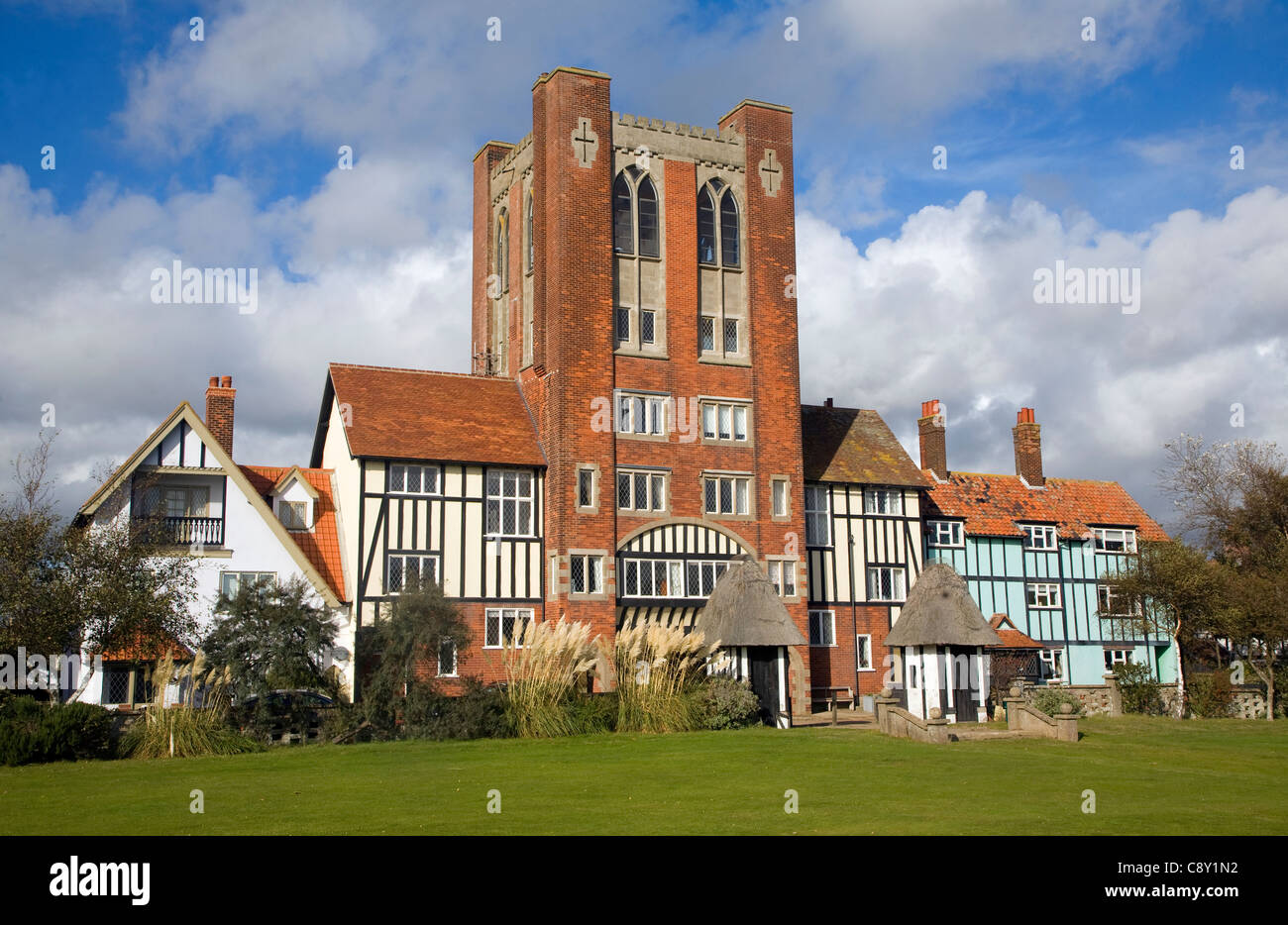 Eccentric mock Tudor architecture of water tower and houses, Thorpeness ...