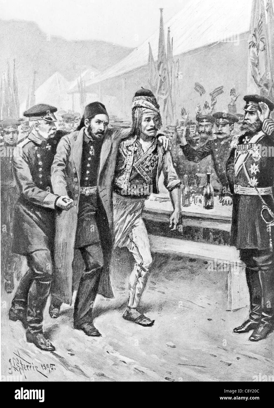 Osman Pasha being supported by men as he is brought before Russian ...