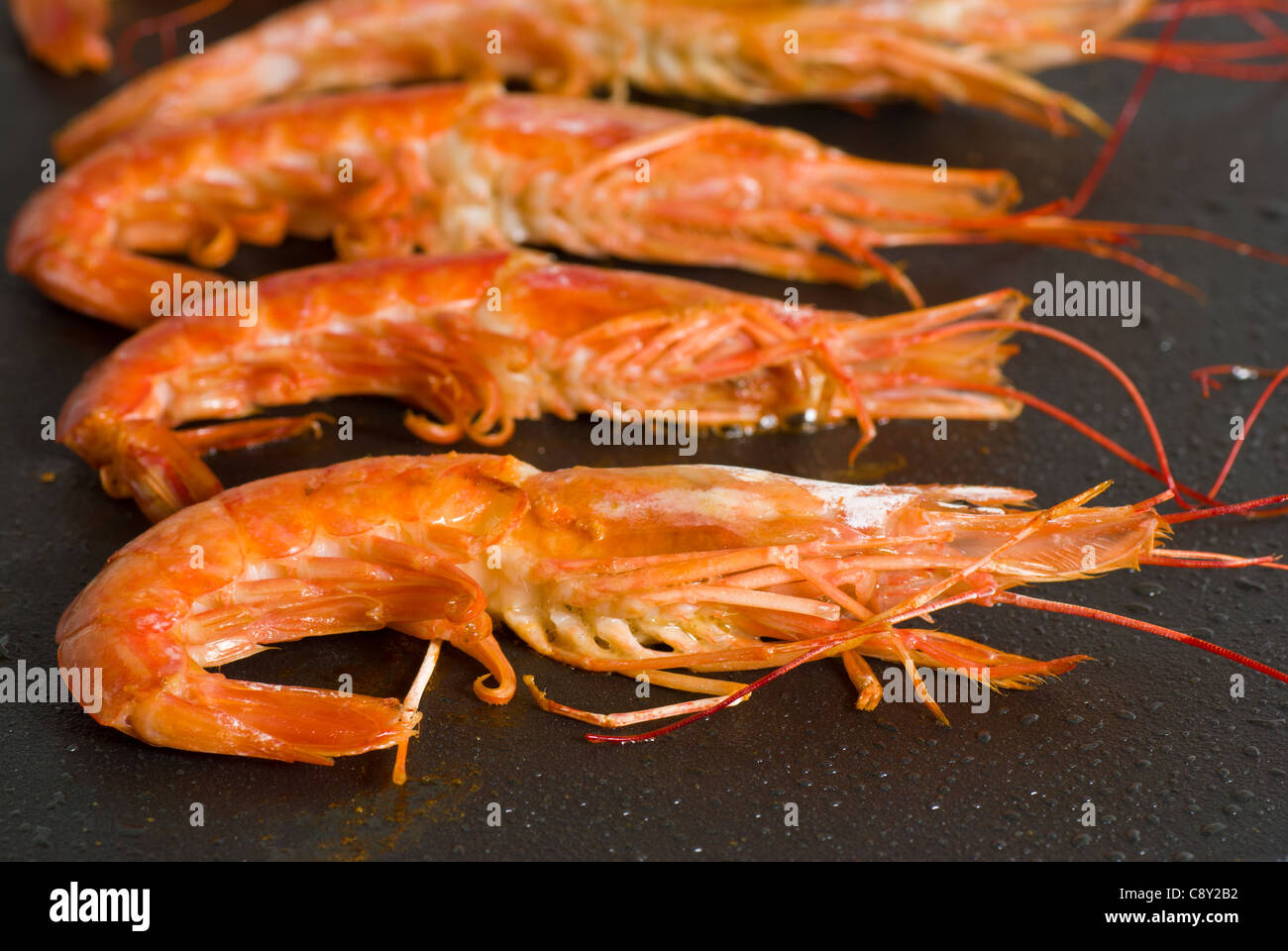 King prawns being cooked on a griddle Stock Photo - Alamy