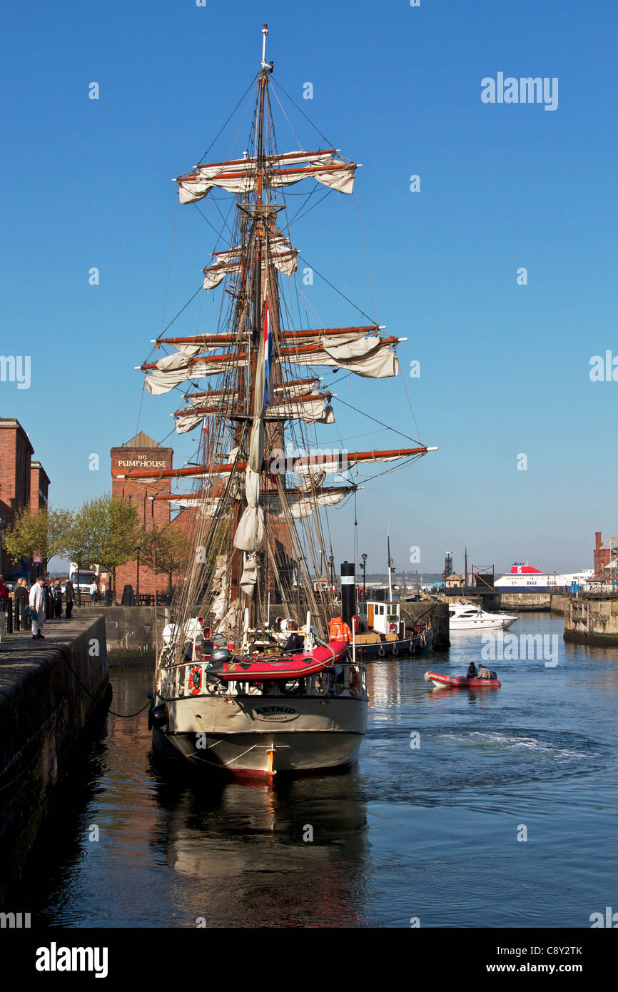 Two masted Brig, ASTRID, built in 1918, tying up in the Canning Dock ...