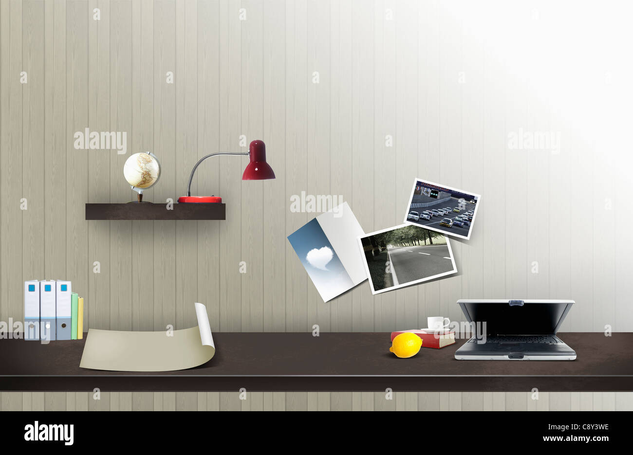 Desk With Laptop And A Lemon Stock Photo - Alamy