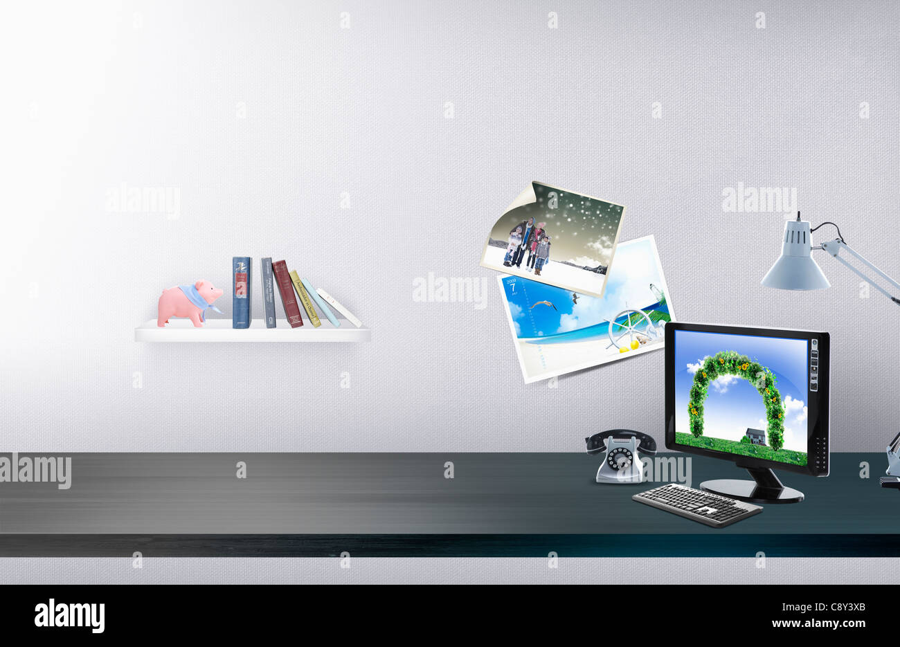 Desk With Computer And A Telephone Stock Photo - Alamy