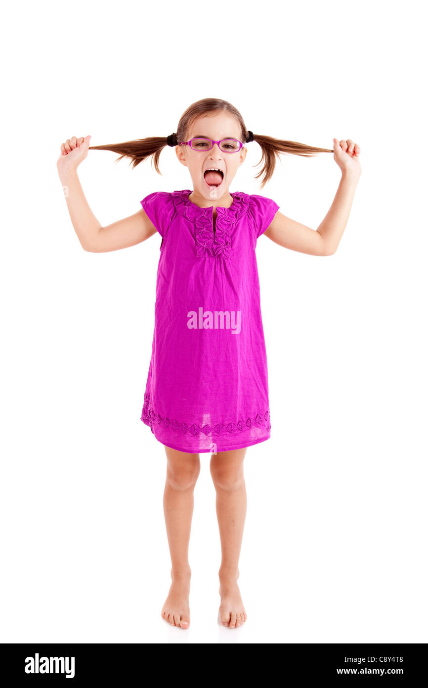 Girl pulling her hair out, isolated on white background Stock Photo - Alamy