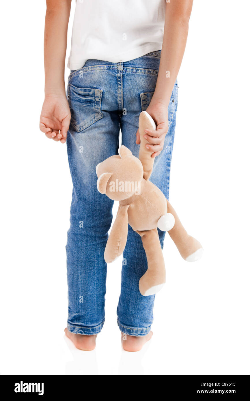Little kid alone with her teddy bear, isolated on white Stock Photo - Alamy
