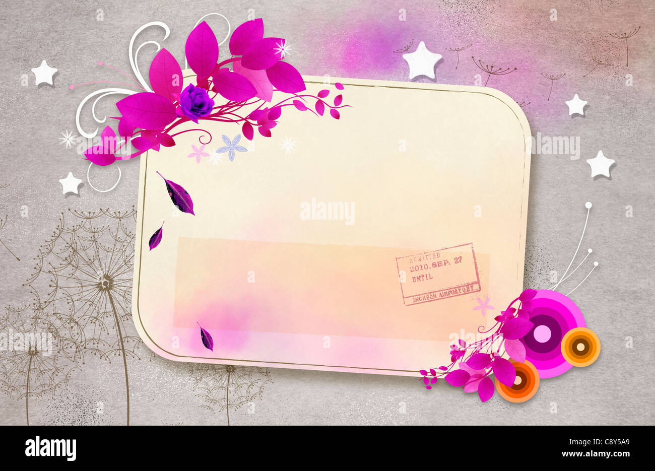 Image Of Rectangular Letter Paper With Violet Flower And Leaves Stock ...