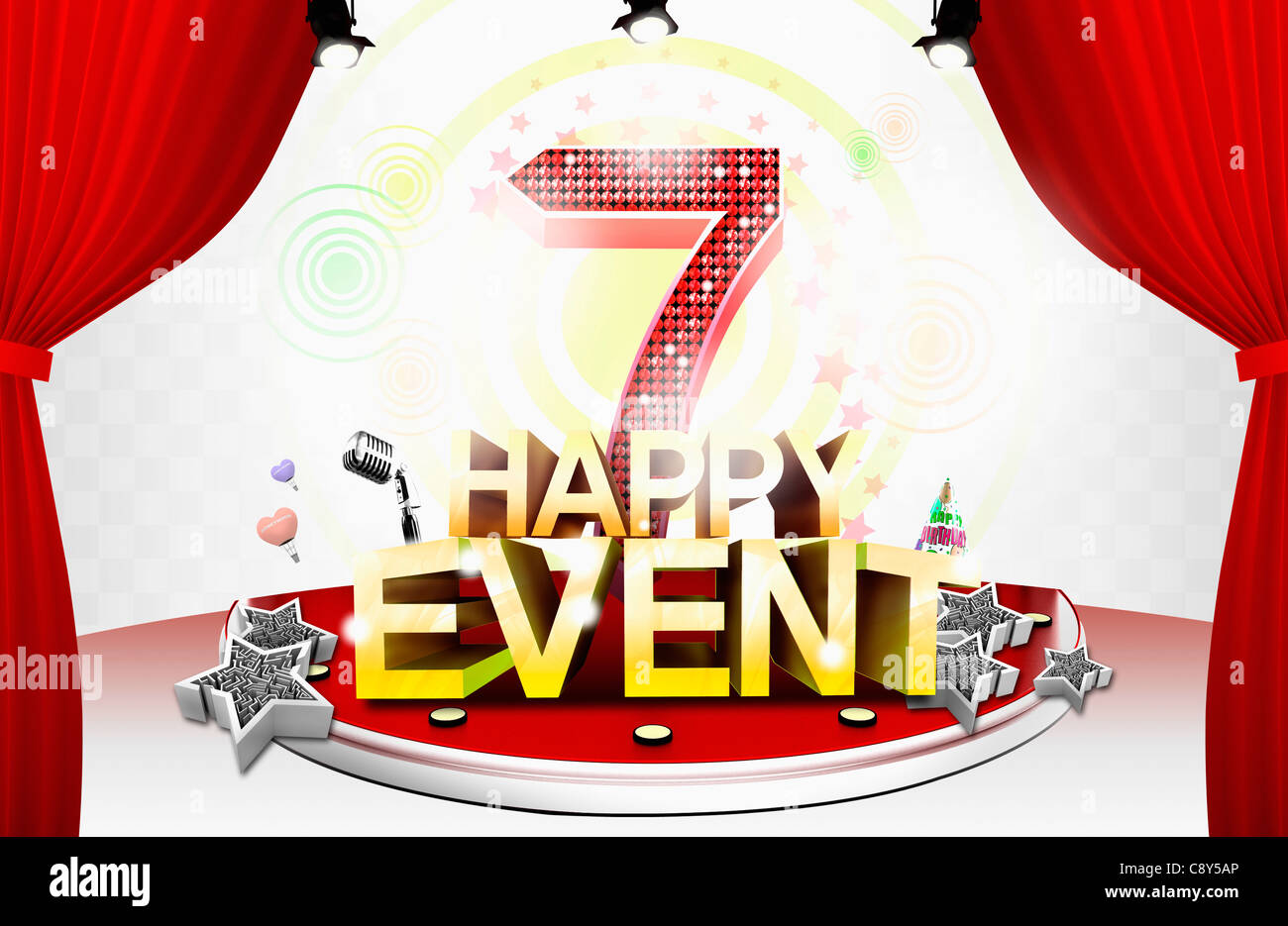 Image Of Happy Event 7 With Stars In Red Stock Photo - Alamy