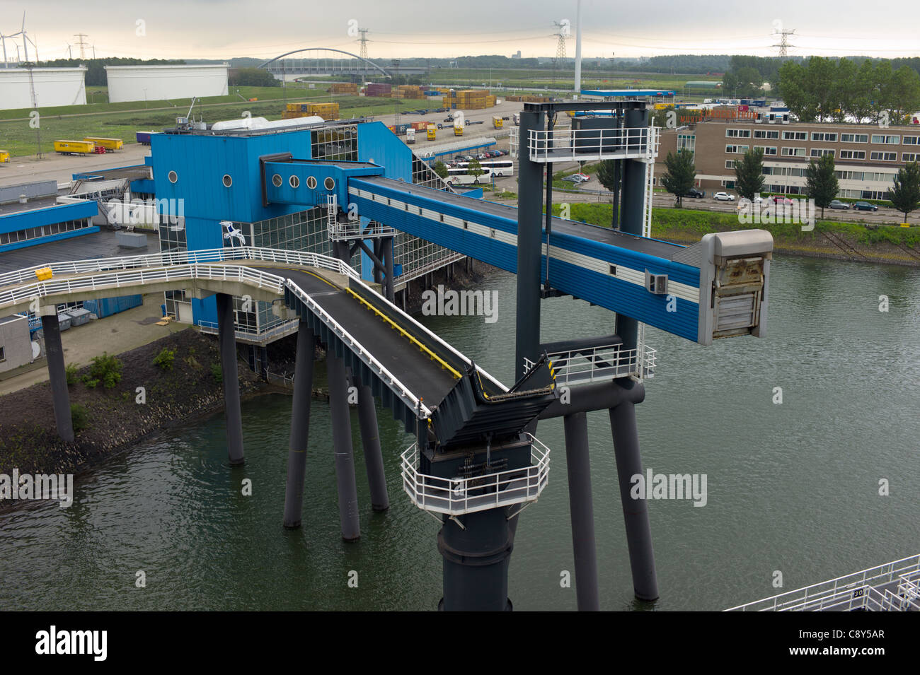 Gangway for ferry boat passengers and vehicles at the Port of Rotterdam ...