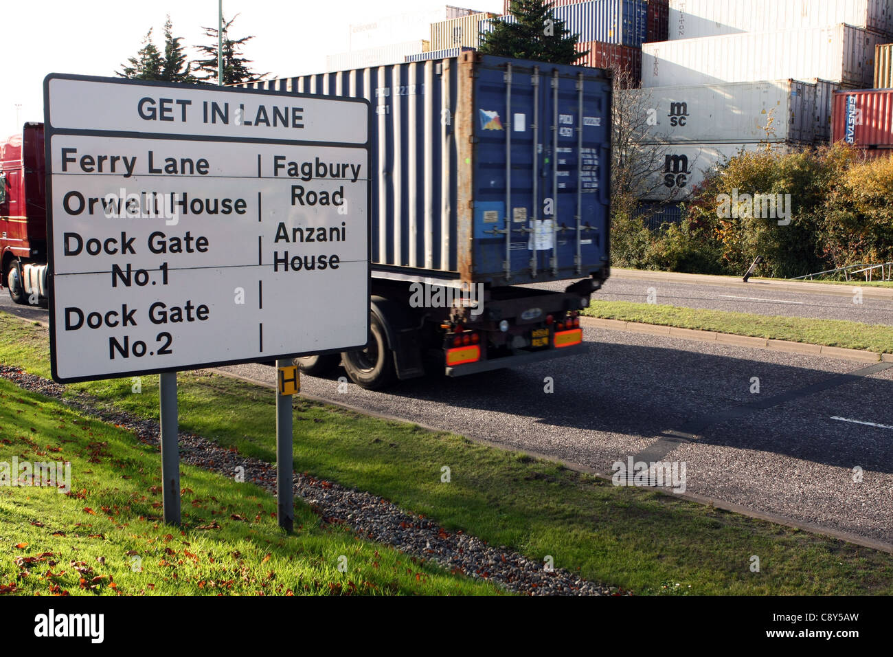 container truck following directions to the Port of Felixtsowe Stock ...