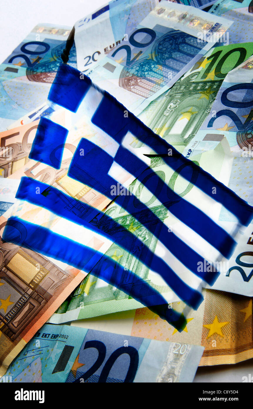 Greece and Greek debt bailout : Euro banknotes and Greek flag ...
