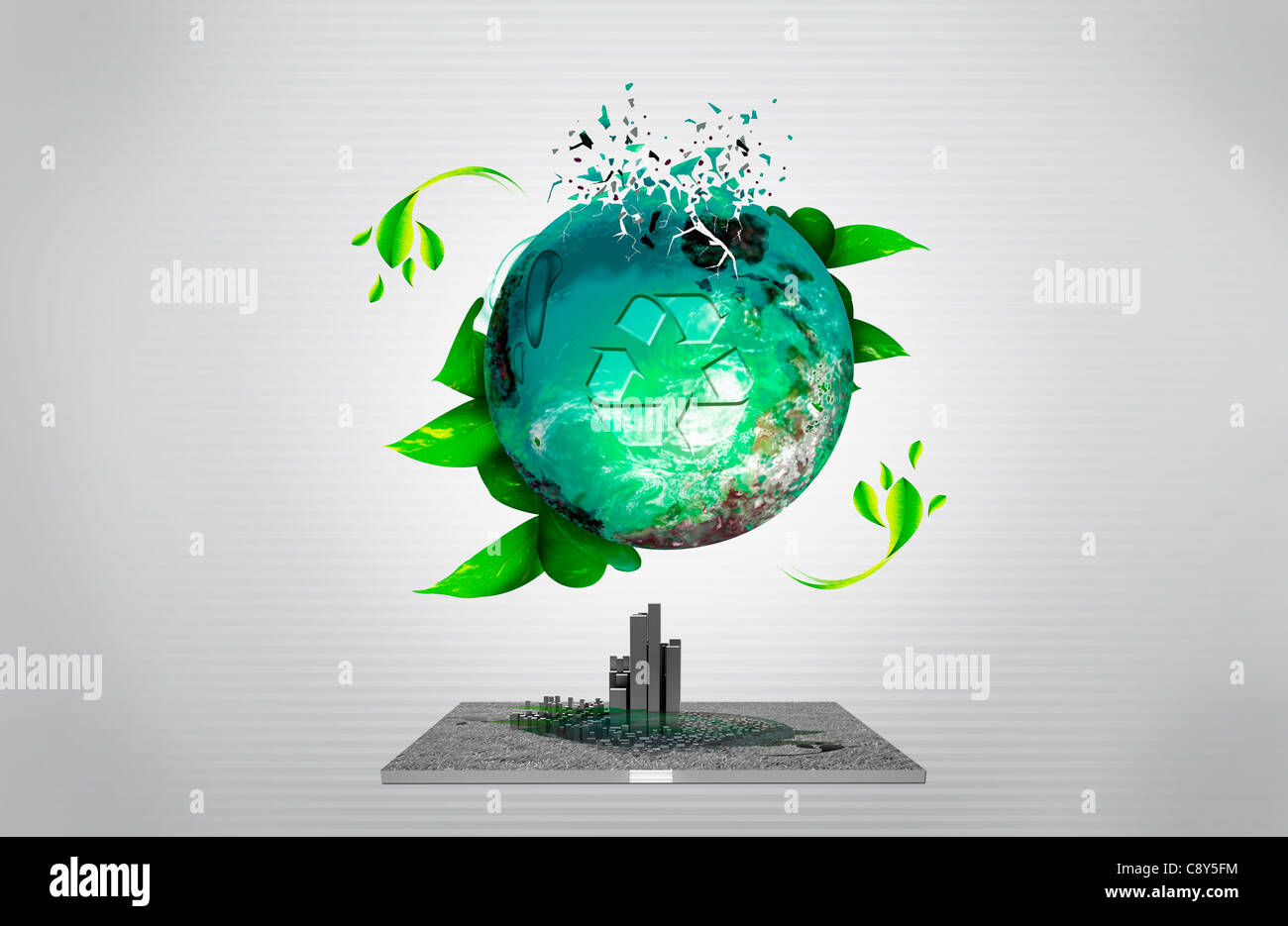 Shattering Green Globe Floating Above A City Of Large Buildings Stock ...