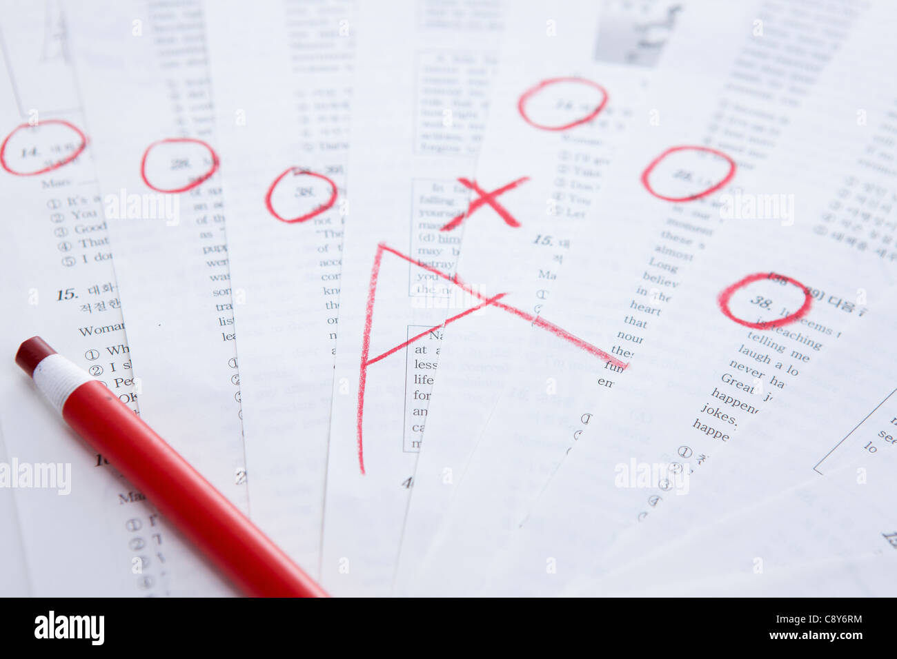 Marked Test Papers With A Red Color Pencil Stock Photo - Alamy