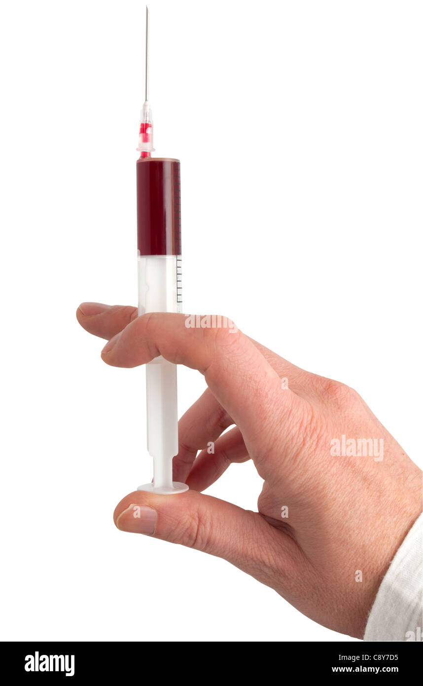 Medical Syringe With Blood in Mans Hand Isolated on White - With ...