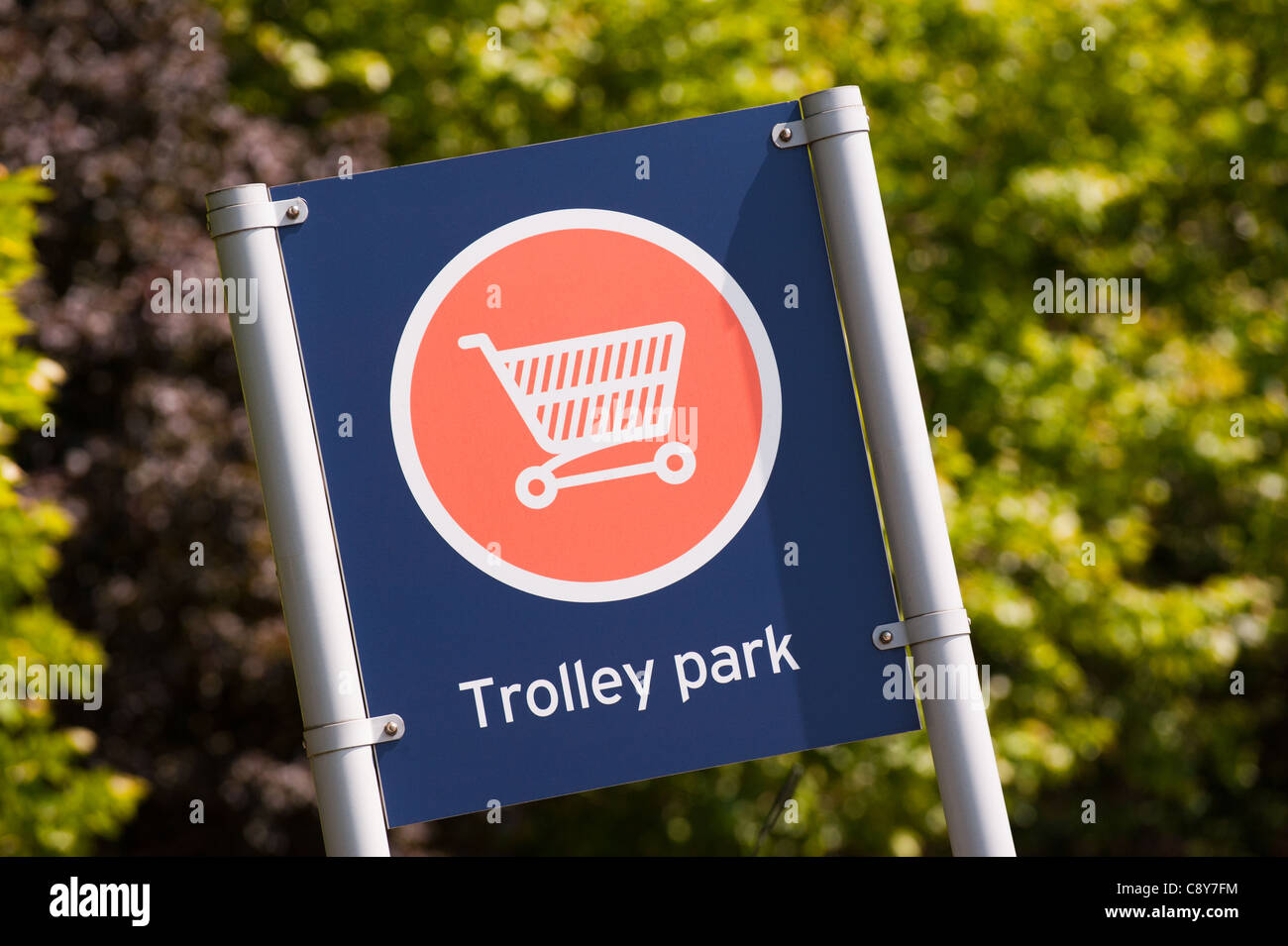 Blue White & Orange Trolley park sign Stock Photo - Alamy