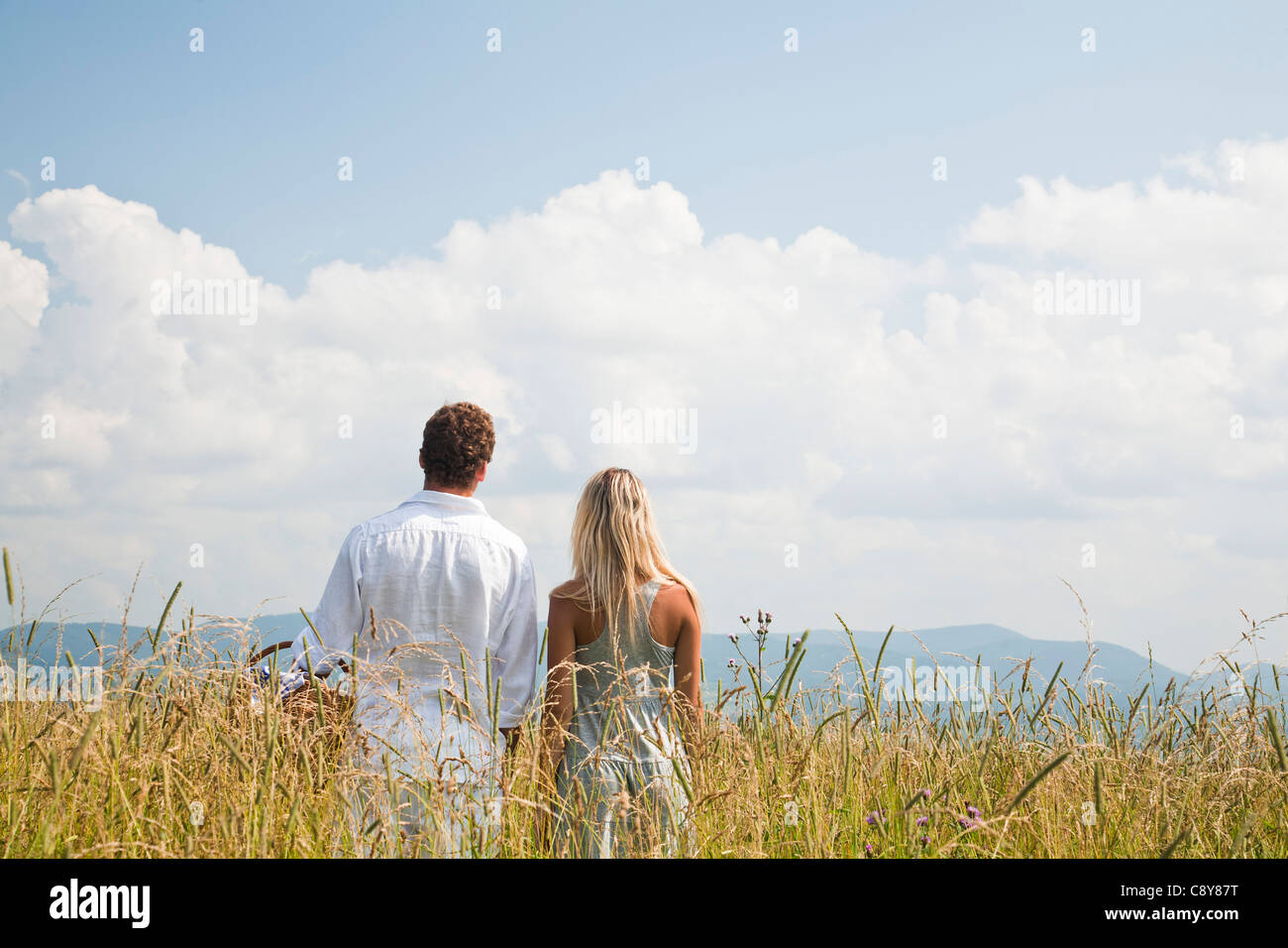 rear view of young couple in field Stock Photo - Alamy