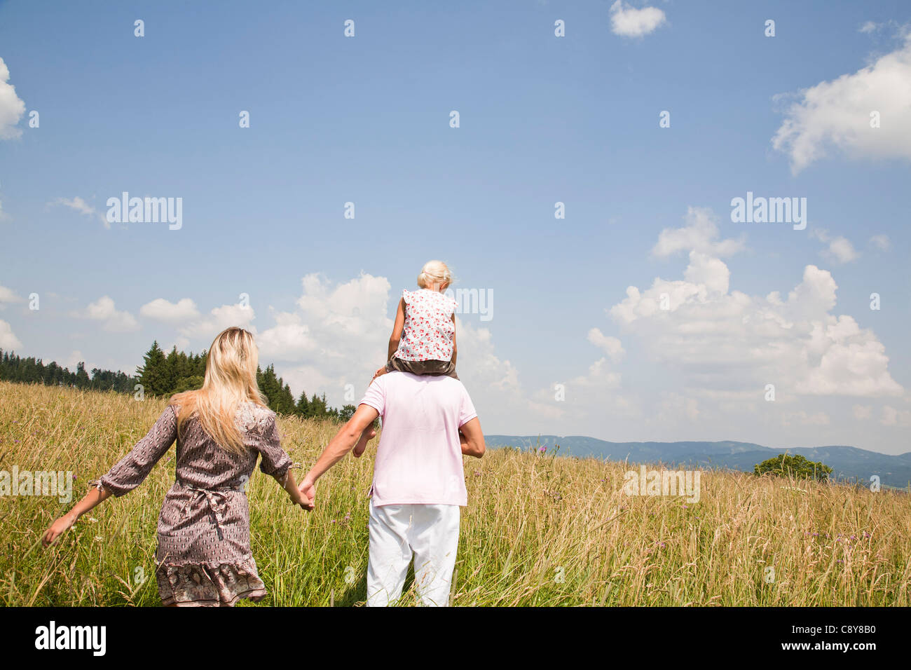 rear view of young family walking through meadow Stock Photo - Alamy