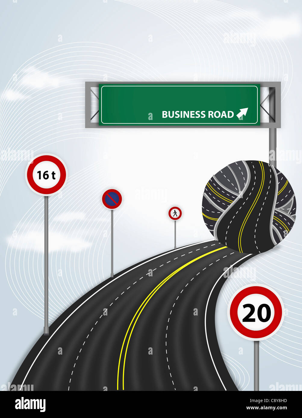 Road with several warning signs and a road patterned ball Stock Photo ...