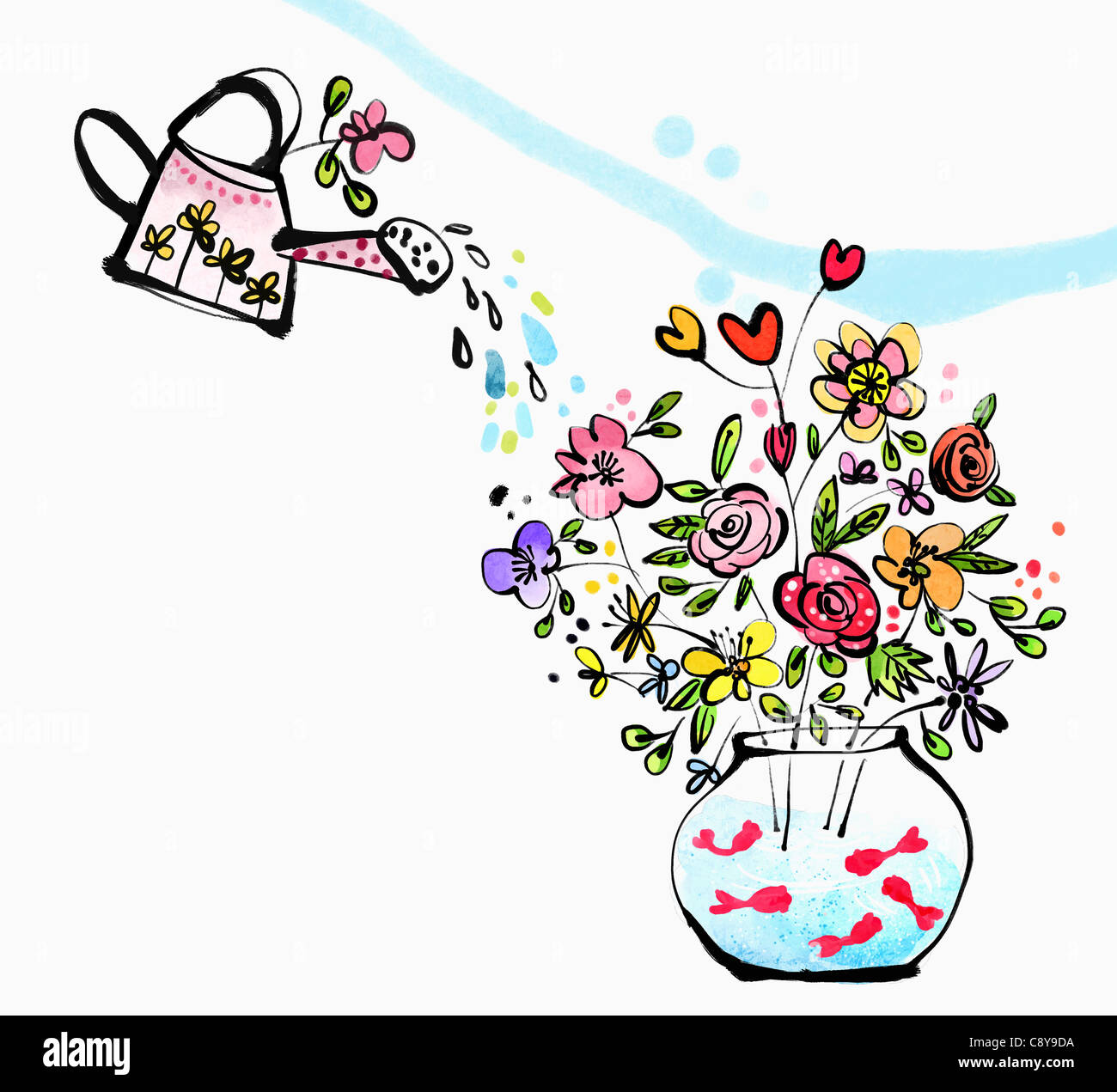 Image of various colors of flowers and a fishbowl Stock Photo - Alamy