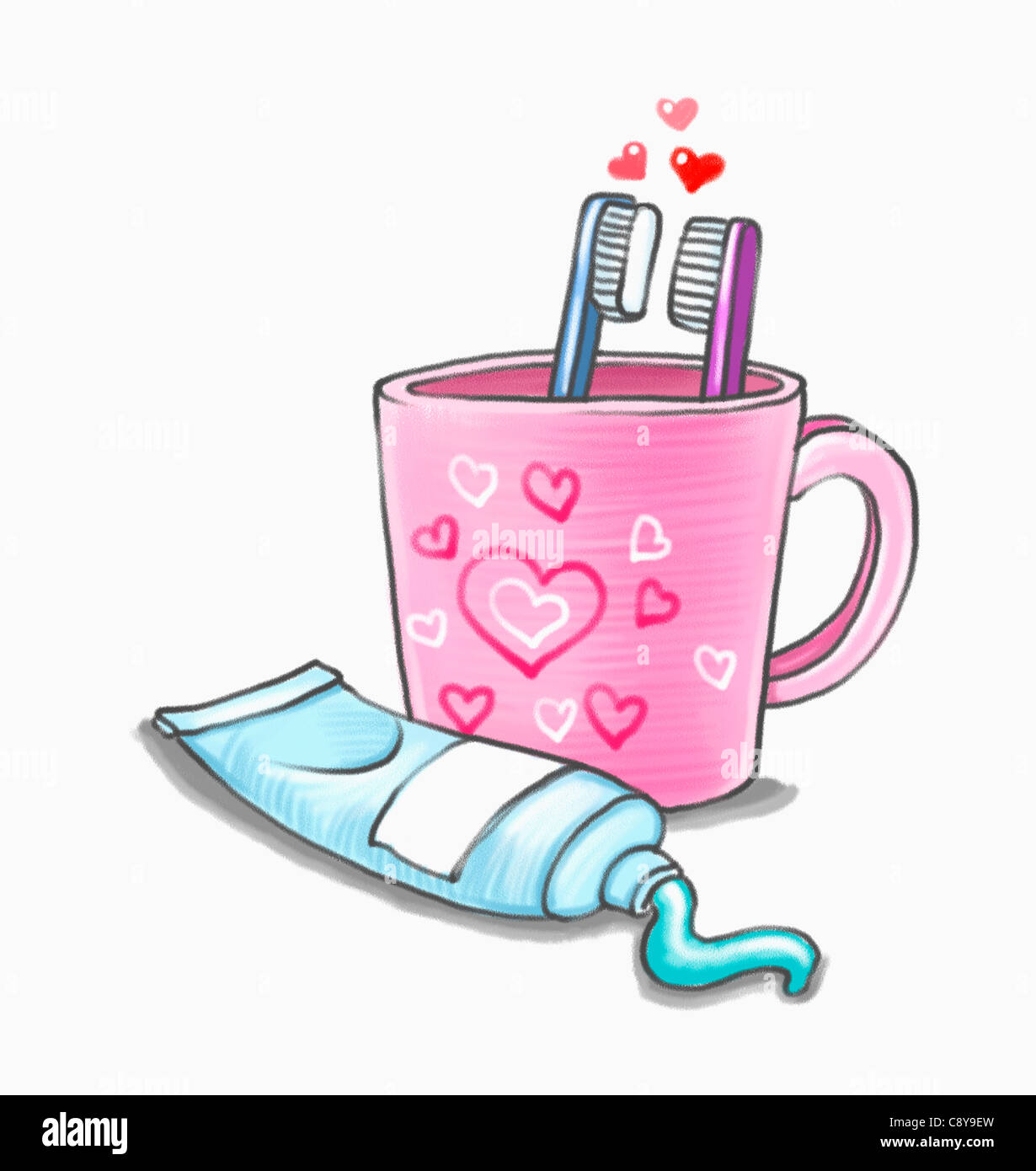 Drawing of a toothpaste and toothbrushes Stock Photo - Alamy