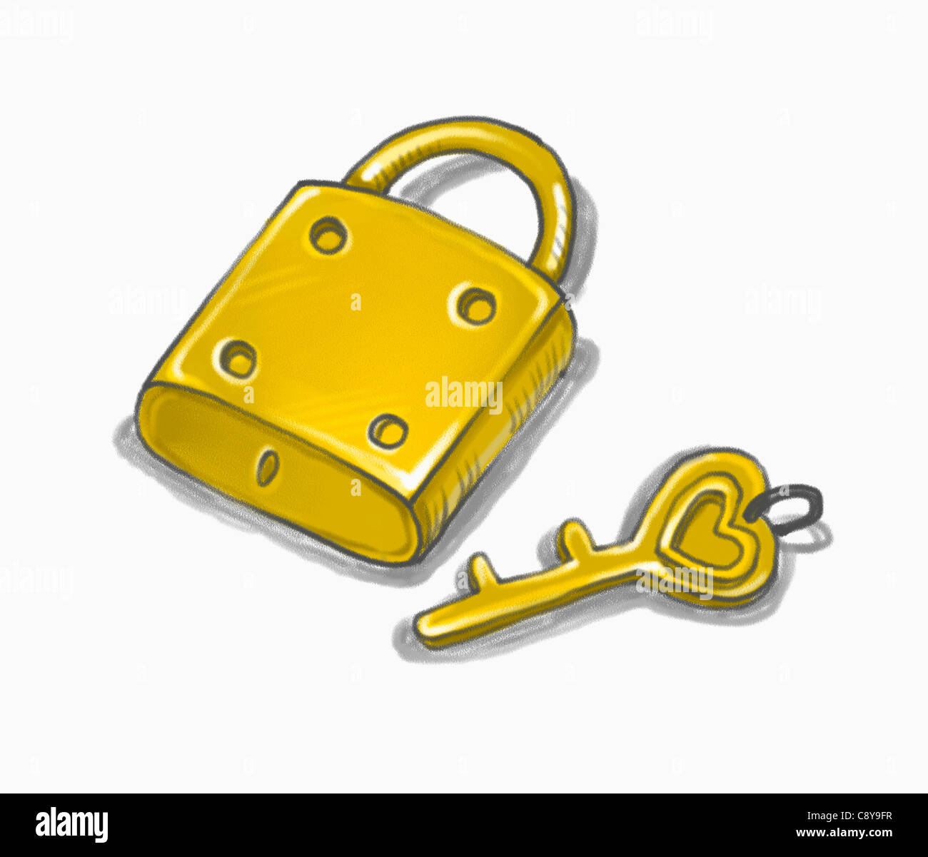 Drawing of a gold lock and a key Stock Photo - Alamy