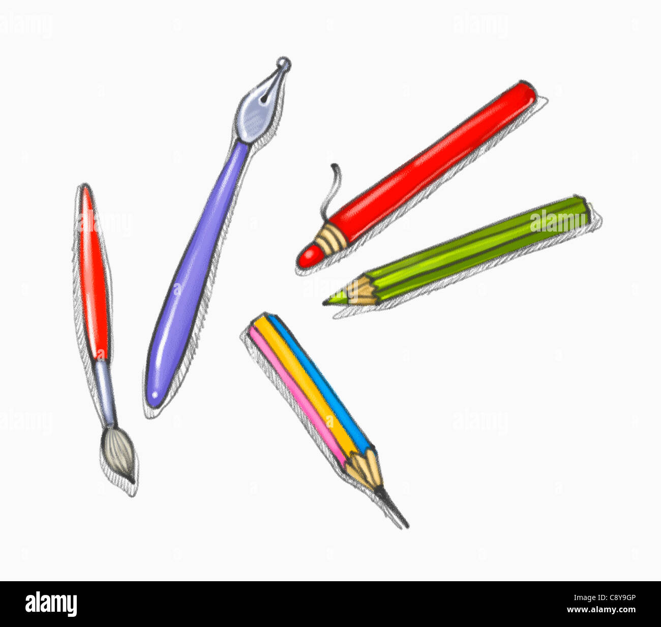 Drawing of various writing pens Stock Photo - Alamy