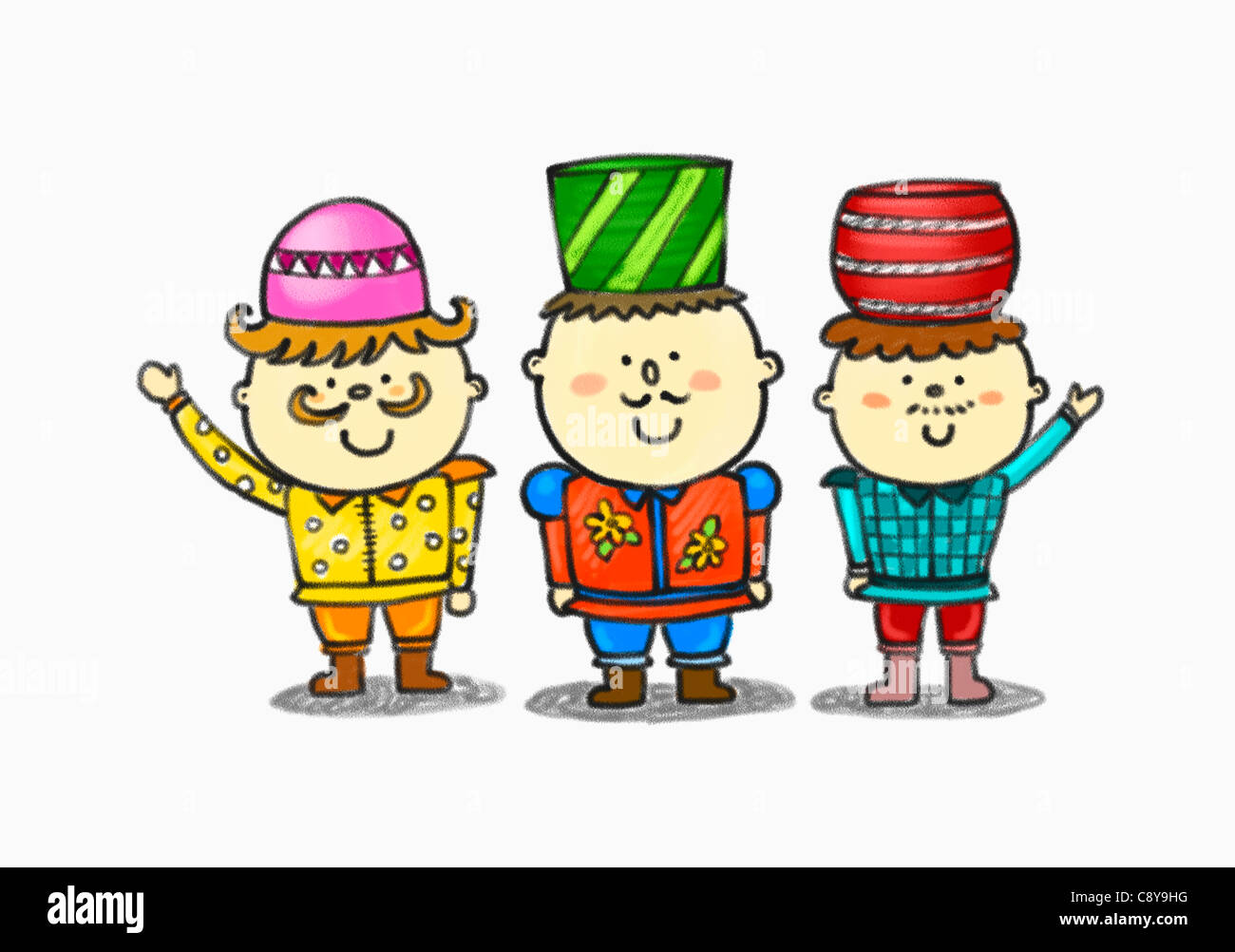 Drawing of three men in colorful clothes Stock Photo - Alamy