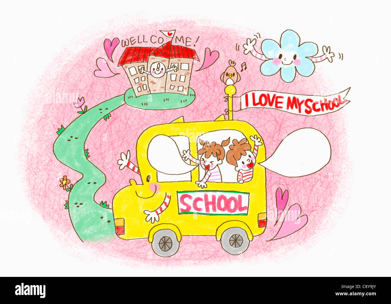 Various school related drawings of a school bus to school Stock Photo ...